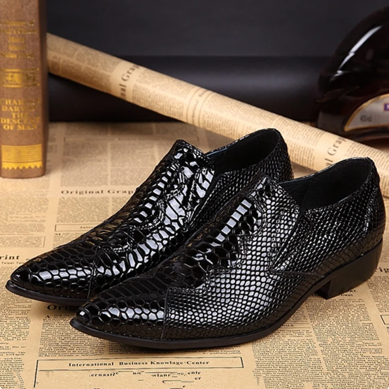 Black Snakeskin Print Leather Casual Shoes Men Chaussure Hommes ...