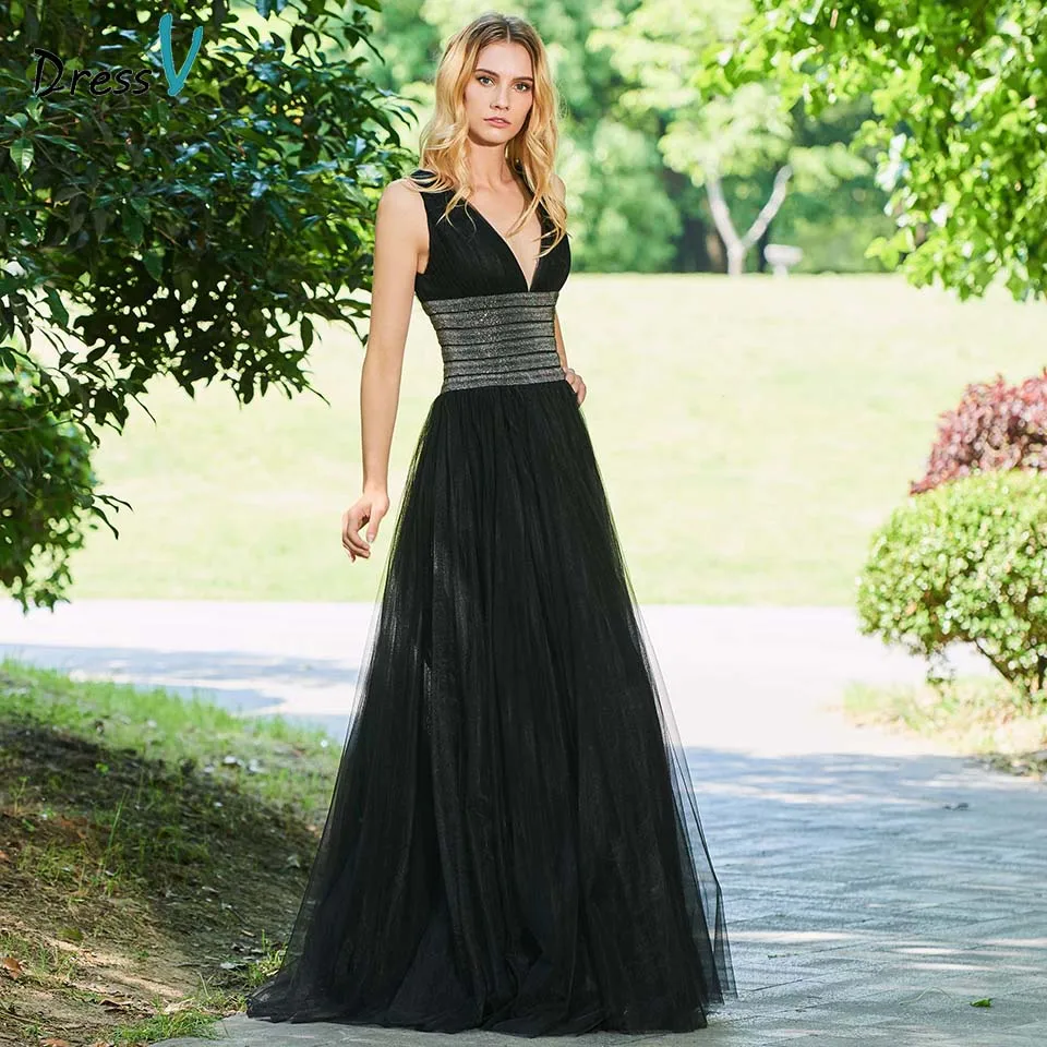 Dressv Black Evening Dress V Neck A Line Sleeveless Floor Length