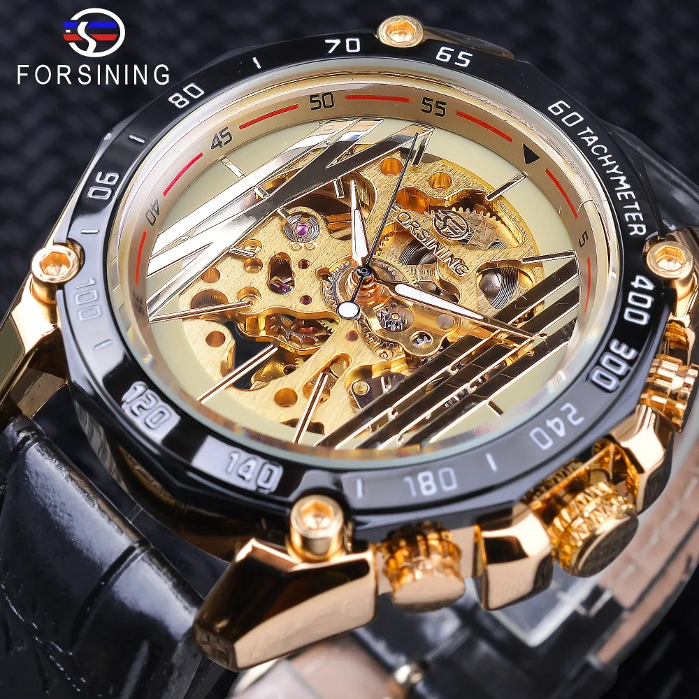 Forsining Fashion Golden Open Work Clock Male Men's Automatic Wrist ...