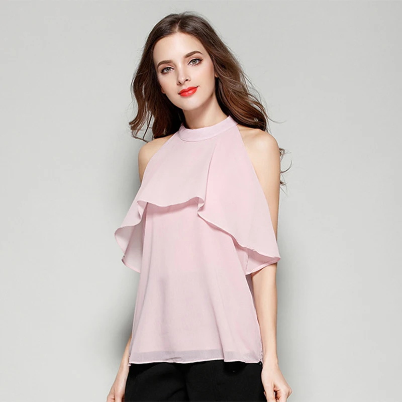Summer Off Shoulder Tops 2017 Double Layer Chiffon Womens Blouses Ruffles Halter Sexy Women