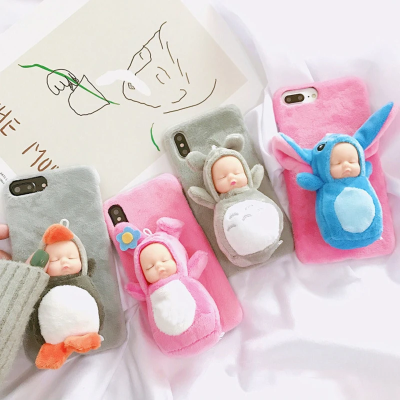 For Iphone X 6 6s 7 8 Plus 3D Sleeping Baby Case+Fluffy Winter Warm ...