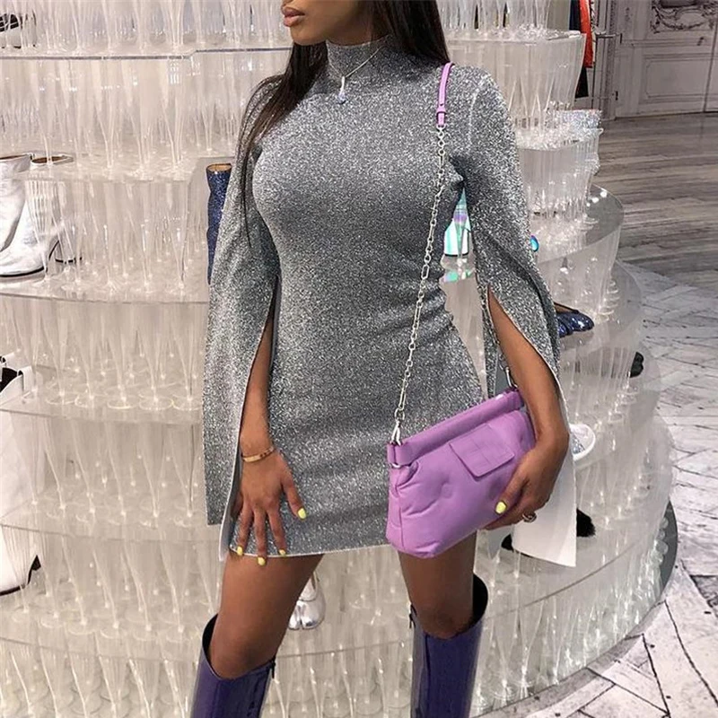 Women Glitter Shiny Party Dress Turtleneck Dress Slit Flare Sleeve ...