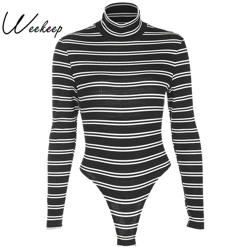 Weekeep Women Sexy Black White Stripe Slim Bodysuits 2017 Winter