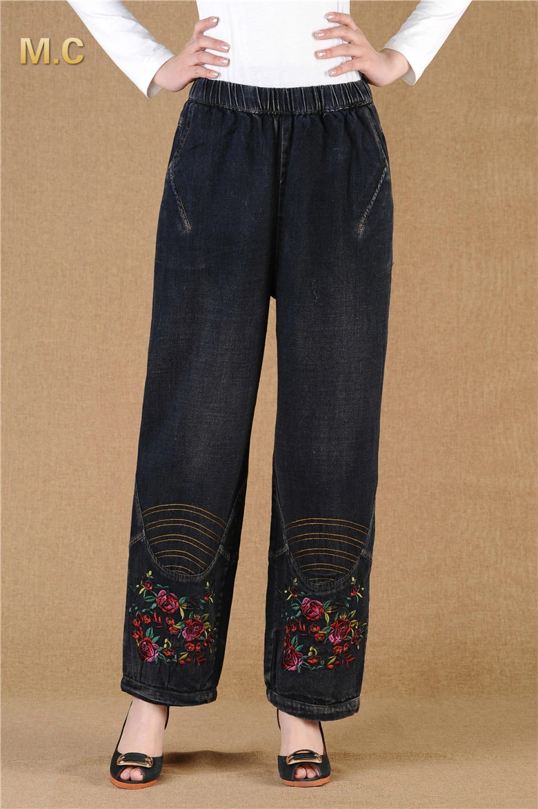Elastic Waist Cotton Blend Jeans Casual Denim Pants Women Plus Size