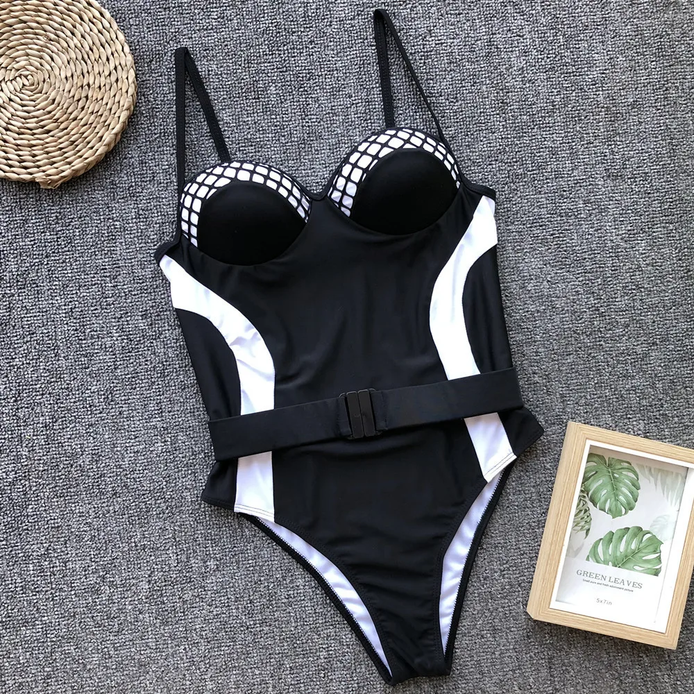 Splicing Push Up One Piece Swimsuit Women Black White Patchwork ...