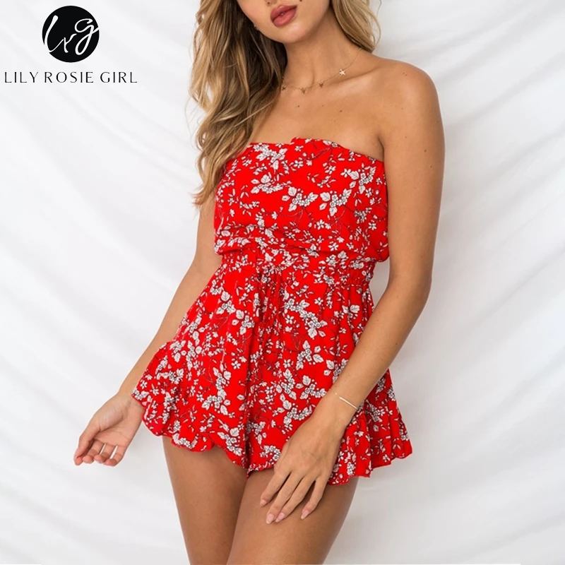 Lily Rosie Girl Strapless Red Boho Sexy Playsuit Summer Short Jumpsuit