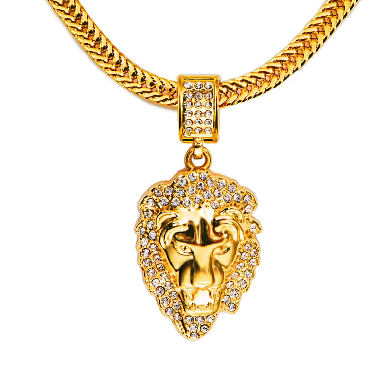 new winter style full crystal lion head thick gold color chain necklace ...