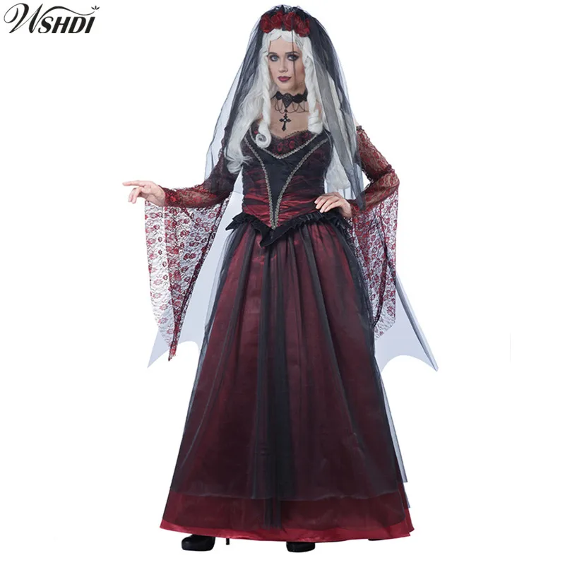 Red & Black Lace Ghostly Bride Scary Costume Halloween Party Adult ...