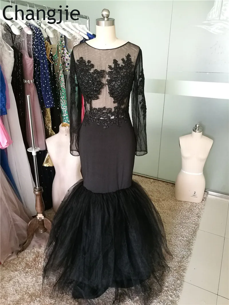 Lace and Applique 2018 Mermaid Prom Dresses Scoop Long Sleeve Zipper ...