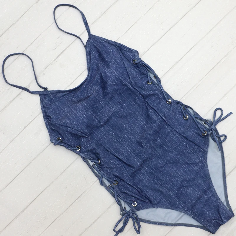 Newest Imitation Denim Fabric One Pieces 2017 Women Backlessswimwear Sexy Bandage Swimsuits