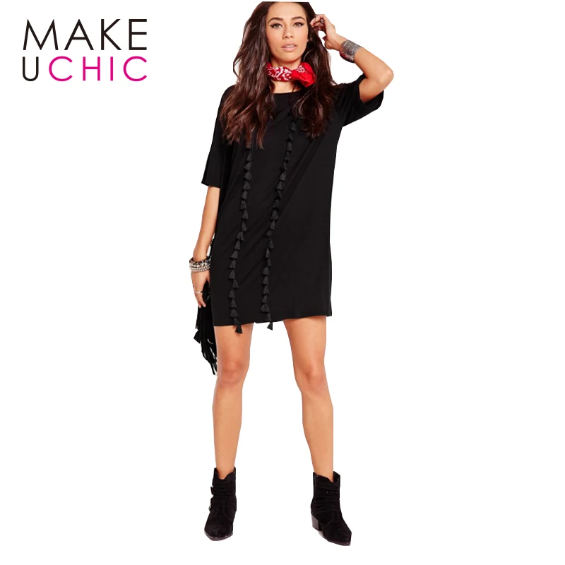 Makeuchic Apparel Casual Mini Dress Women Solid Black Athleisure Tassel