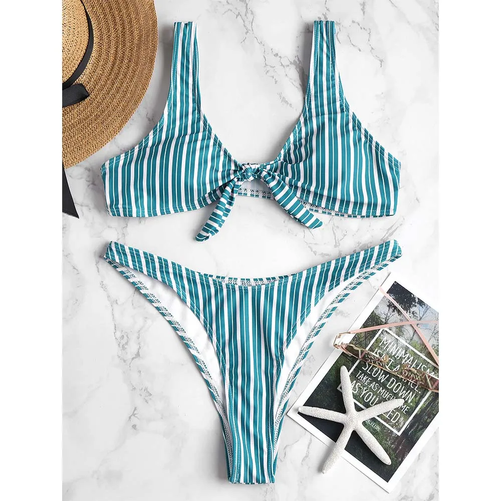 Striped Front Knot Bikini Sexy Swimsuit Female Padded Swimwear Thong