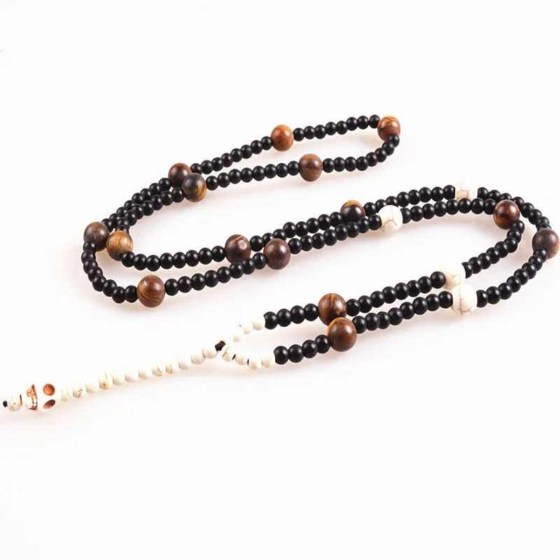 New Handmade Skull Beda & 8mm Stones Beads Men's Long Necklace Fashion ...