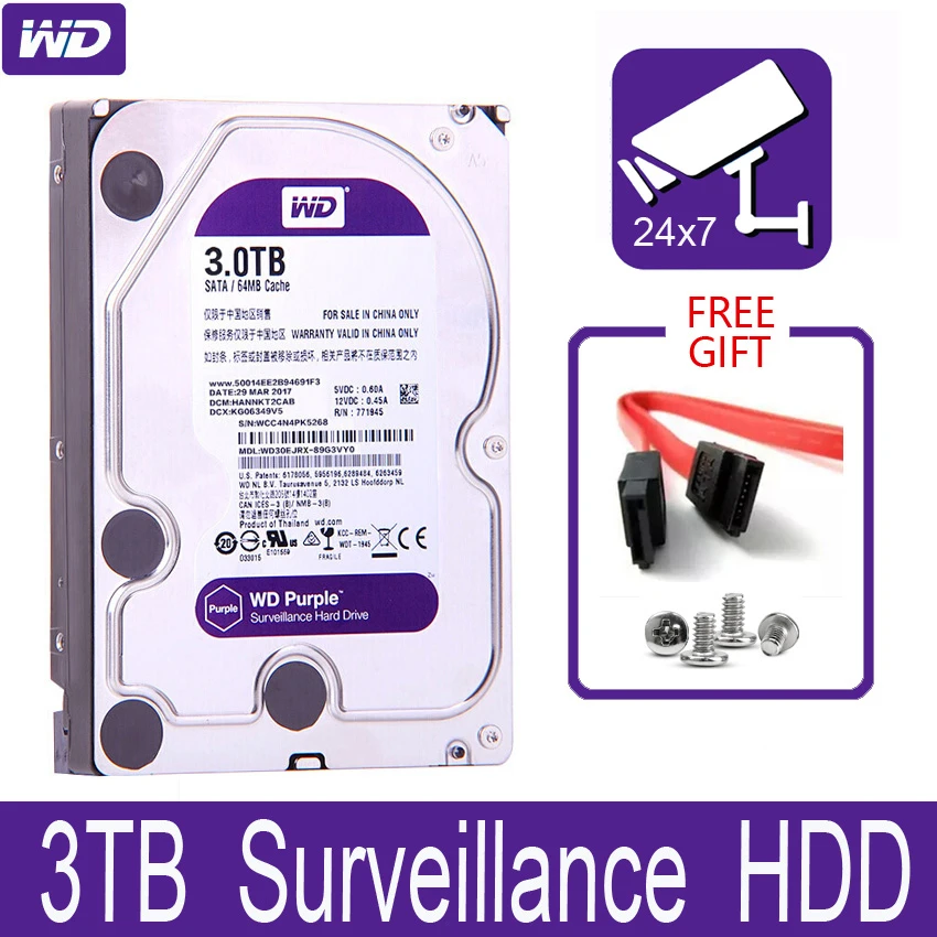 Wd roxo 3tb de vigilância disco rígido interno 3.5 "64m cache sata iii ...