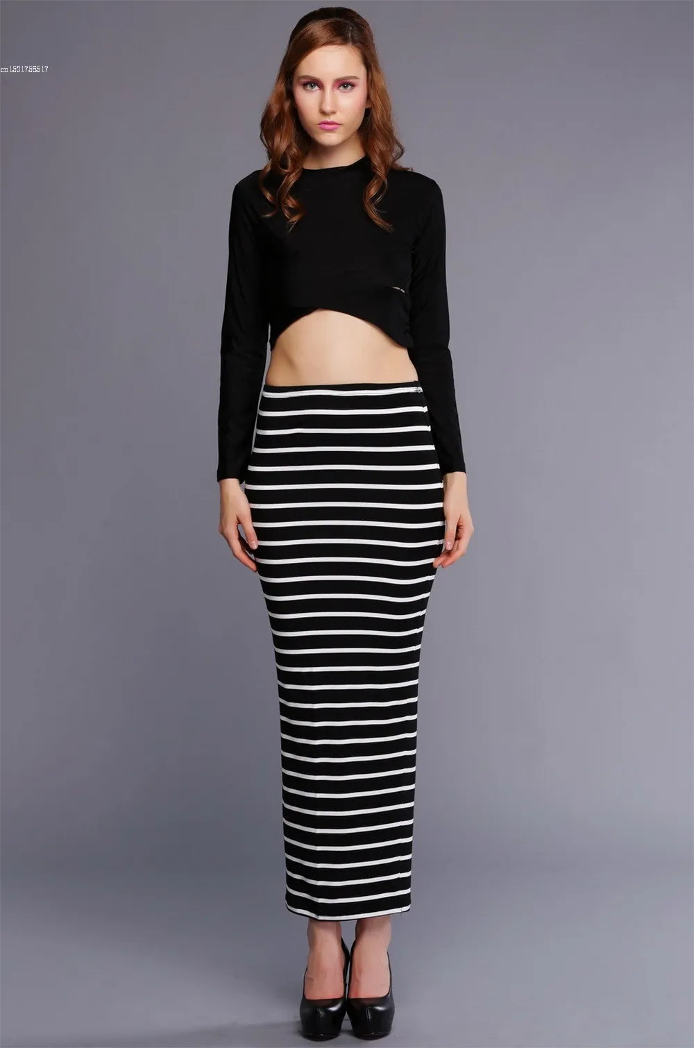 Lady Womens Crop Tops Set Striped Bodycon Stretch Sexy Clothes Sets