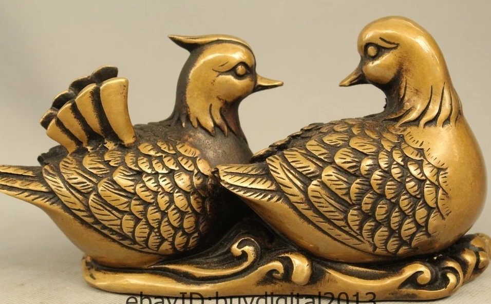8" Folk Chinese Bronze Copper 2 Love Bird Mandarin Duck Aix ...