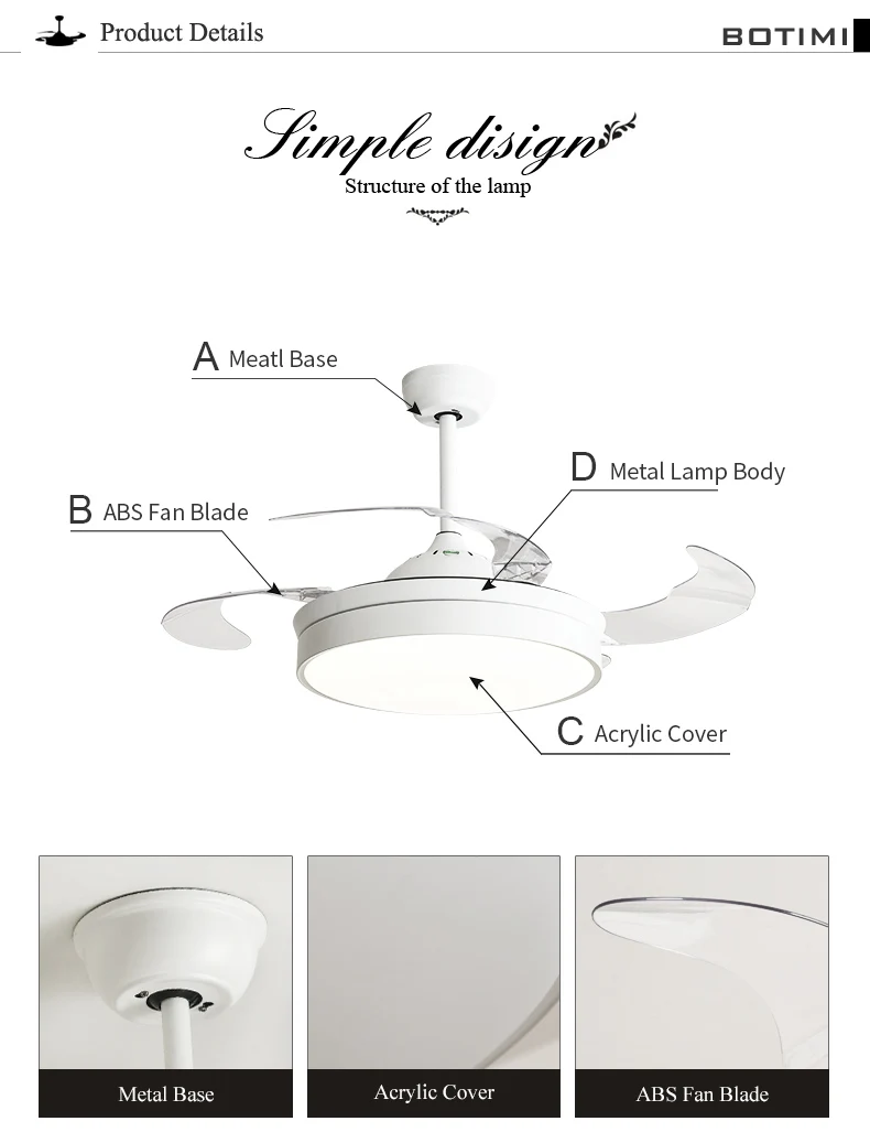BOTIMI современные складные потолочные вентиляторы с подсветкой для ...