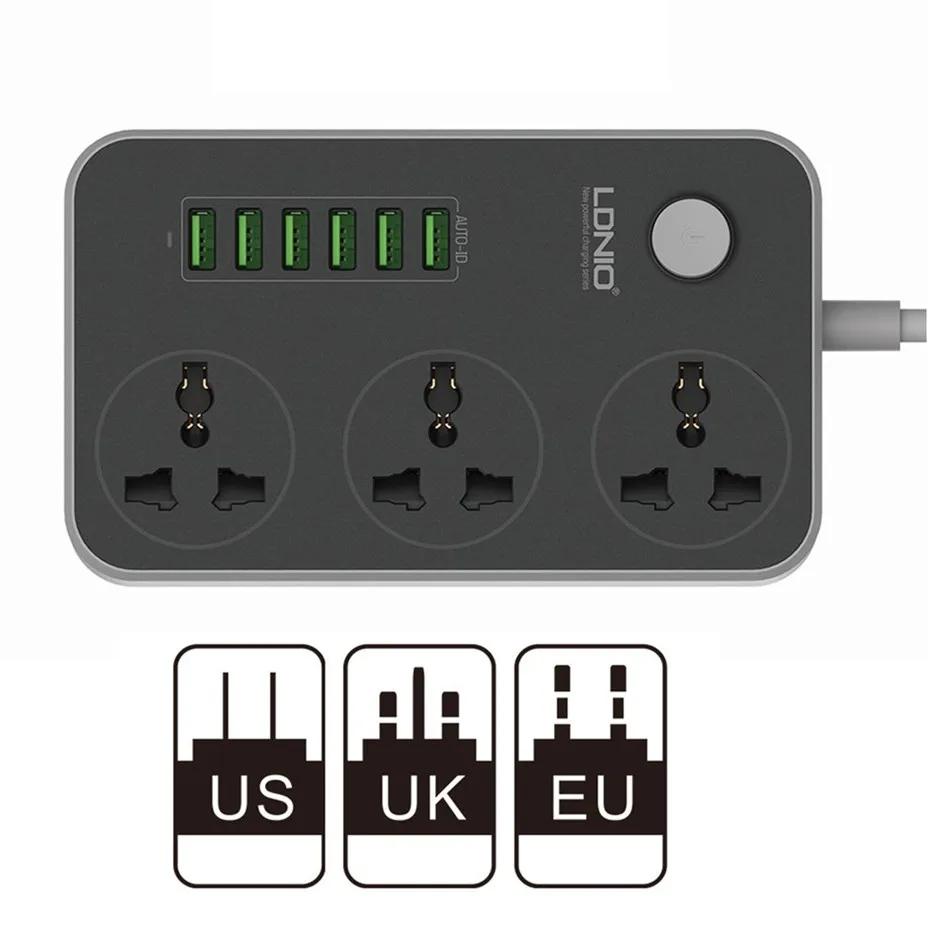 LDNIO Wiring Socket 6USB Black Multi-standard Plug-in Board