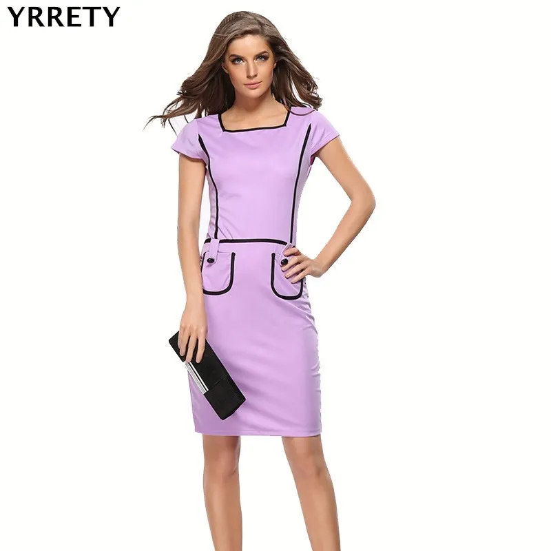 YRRETY Fashion Design European Dress Ladies Solid Color Work Splice ...