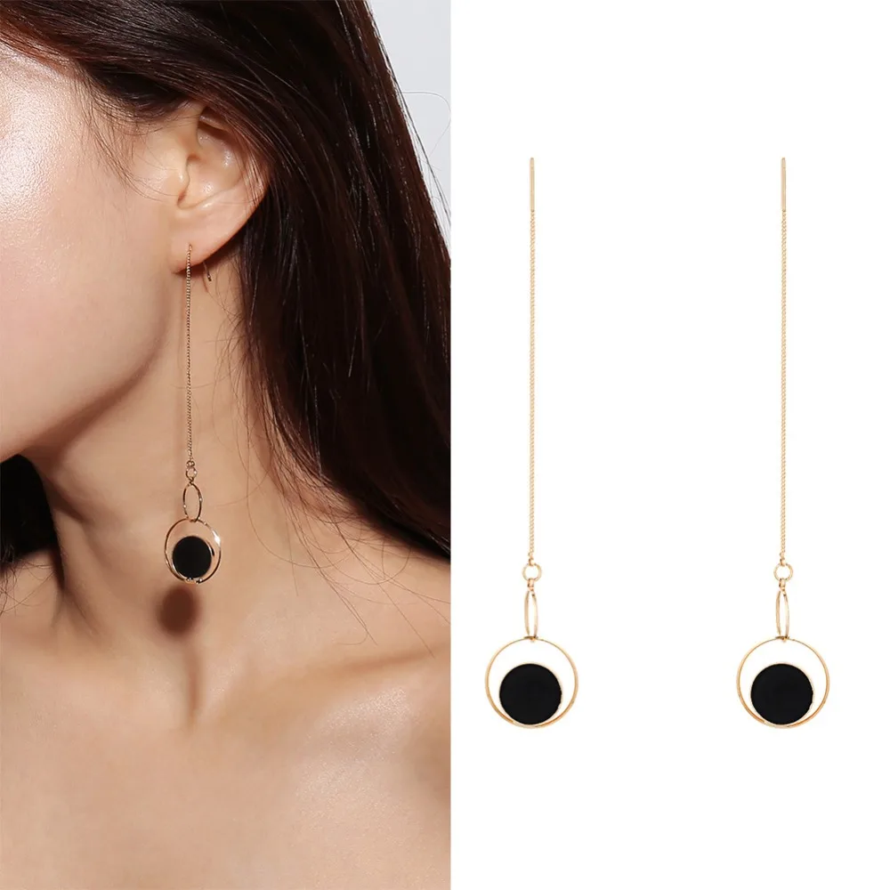 Elegant Geometric Round Drop Earring for Women Minimalist Gold Long Ear ...