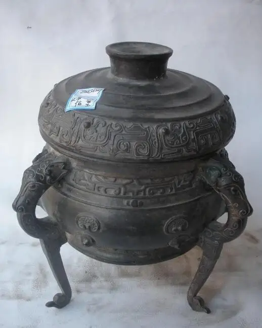 Chinese Royal Temple old Pure Bronze Copper beast veins incense burner ...
