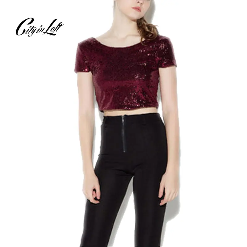 Women Crop Top Mini T Shirt Midriff Top Sexy Novelty Sequined Solid ...
