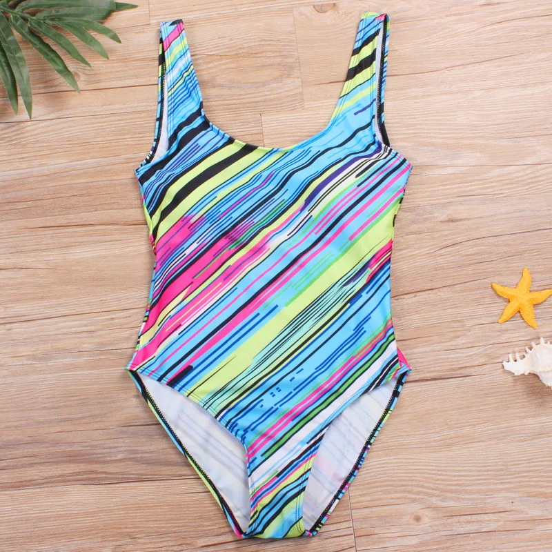 2018 New Colorful Stripes Modest Bodysuits Swim Push Up Swimwear Female