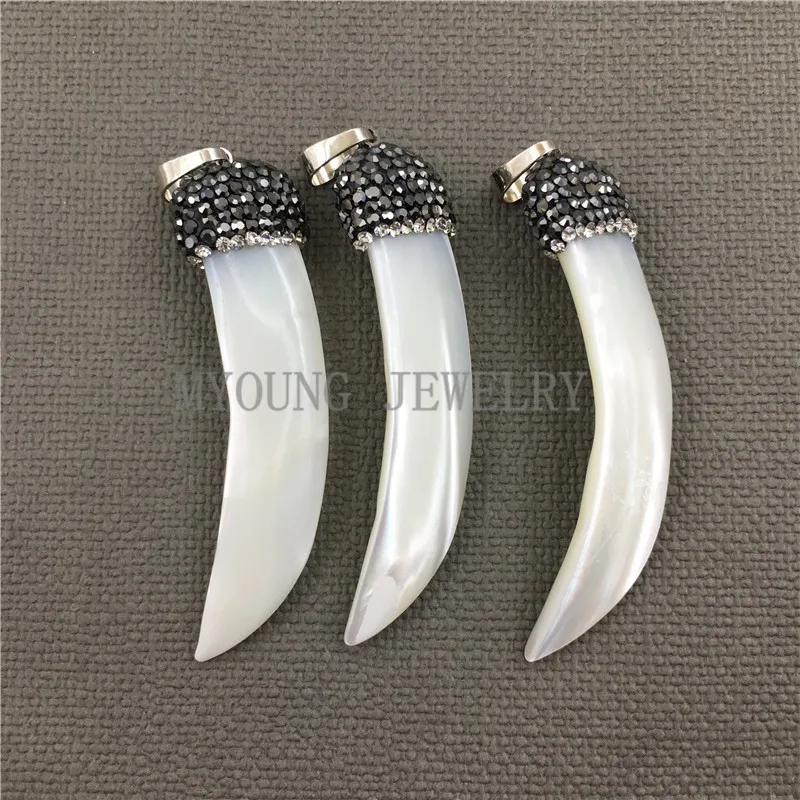 MY0483 Natural Horn Tusk Pearl Shell Pendant,Spike Paved Rhinestone Cap ...