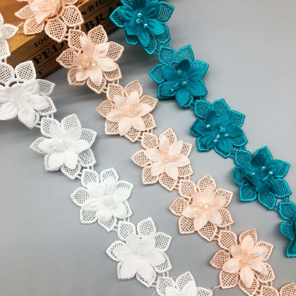 5 Yards Beaded Flowers Mesh Double Layer Lace Fabric Trim Embroidered ...