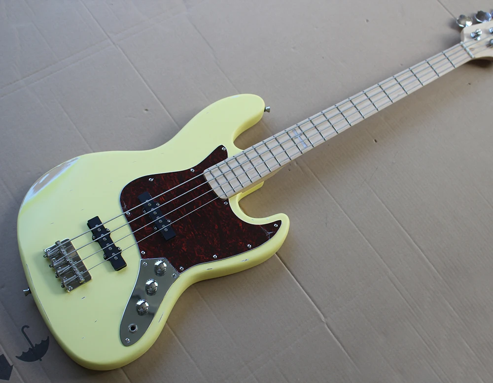 Yellow Retro Electric Bass Guitar With Red Pickguard4 Stringsmaple Fingerboardchrome