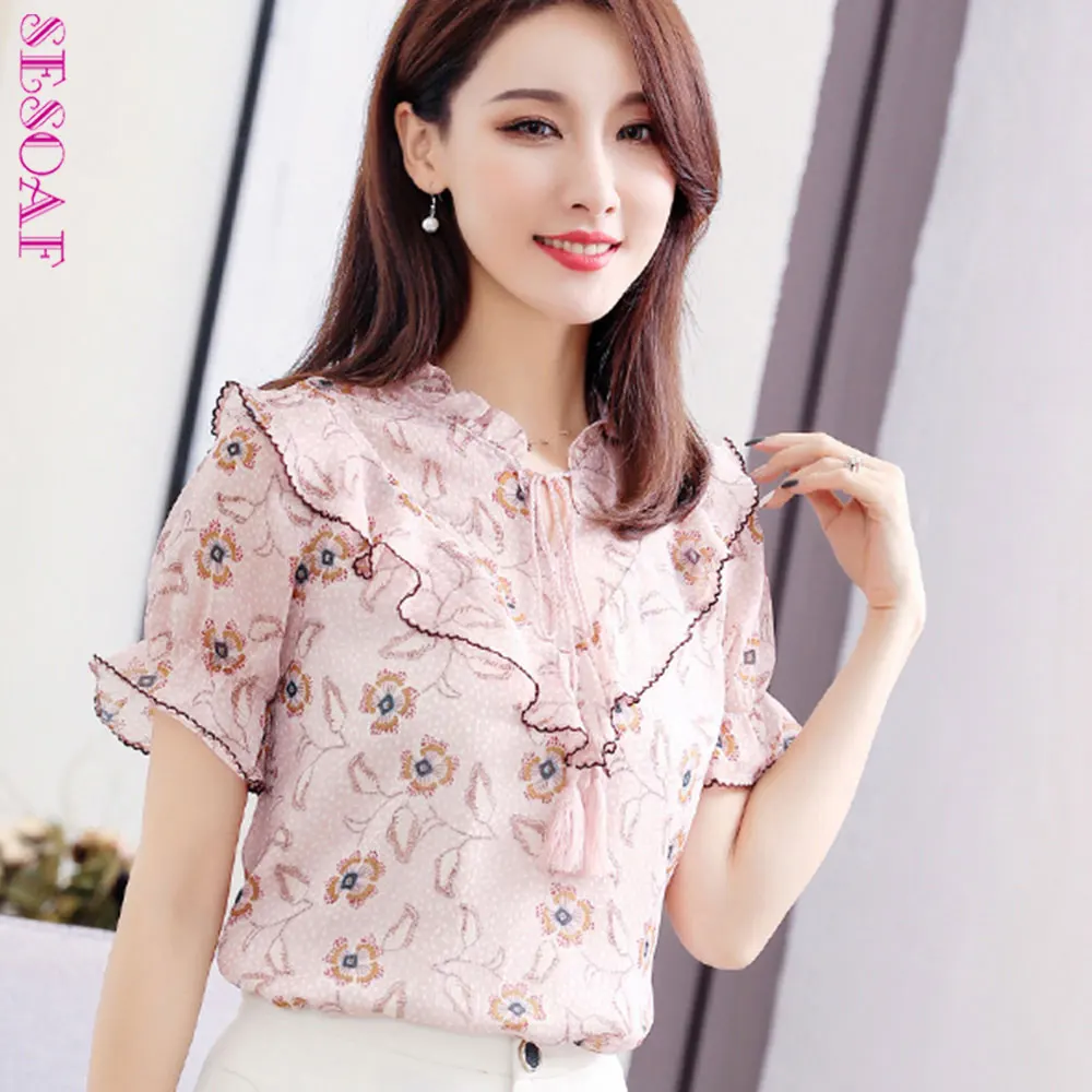 SESOAF Korean Fashion Clothing Pink Chiffon Blouse Summer Tops For ...