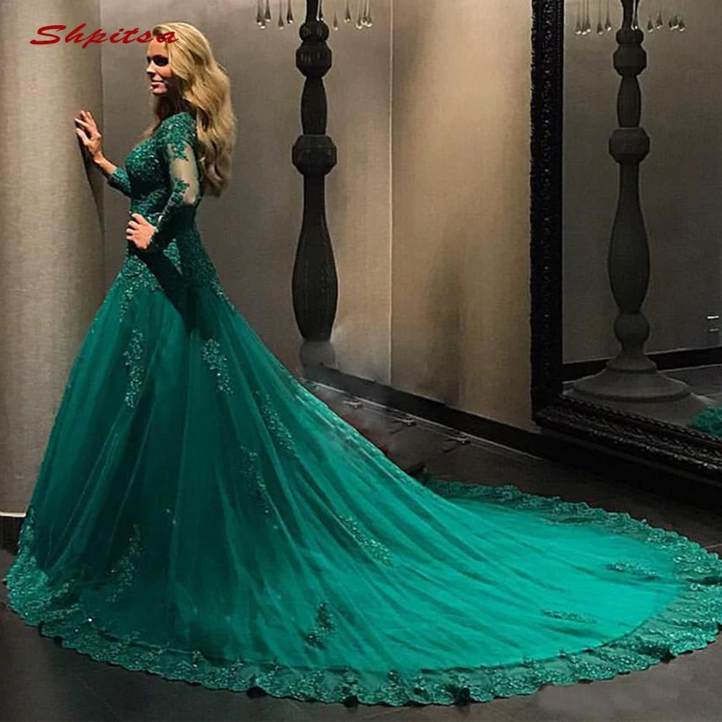 Изумрудное Зеленое Длинное кружевное вечернее платье с рукавом Вечерние ...