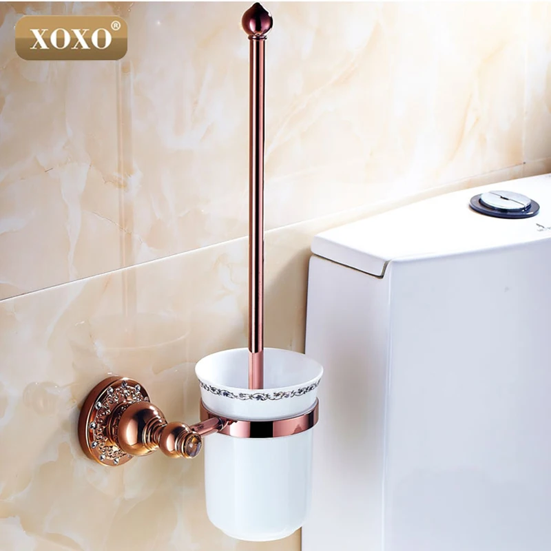 New Luxury Crystal Gold Plate Carved Flower Wall Mounted Toilet Brush