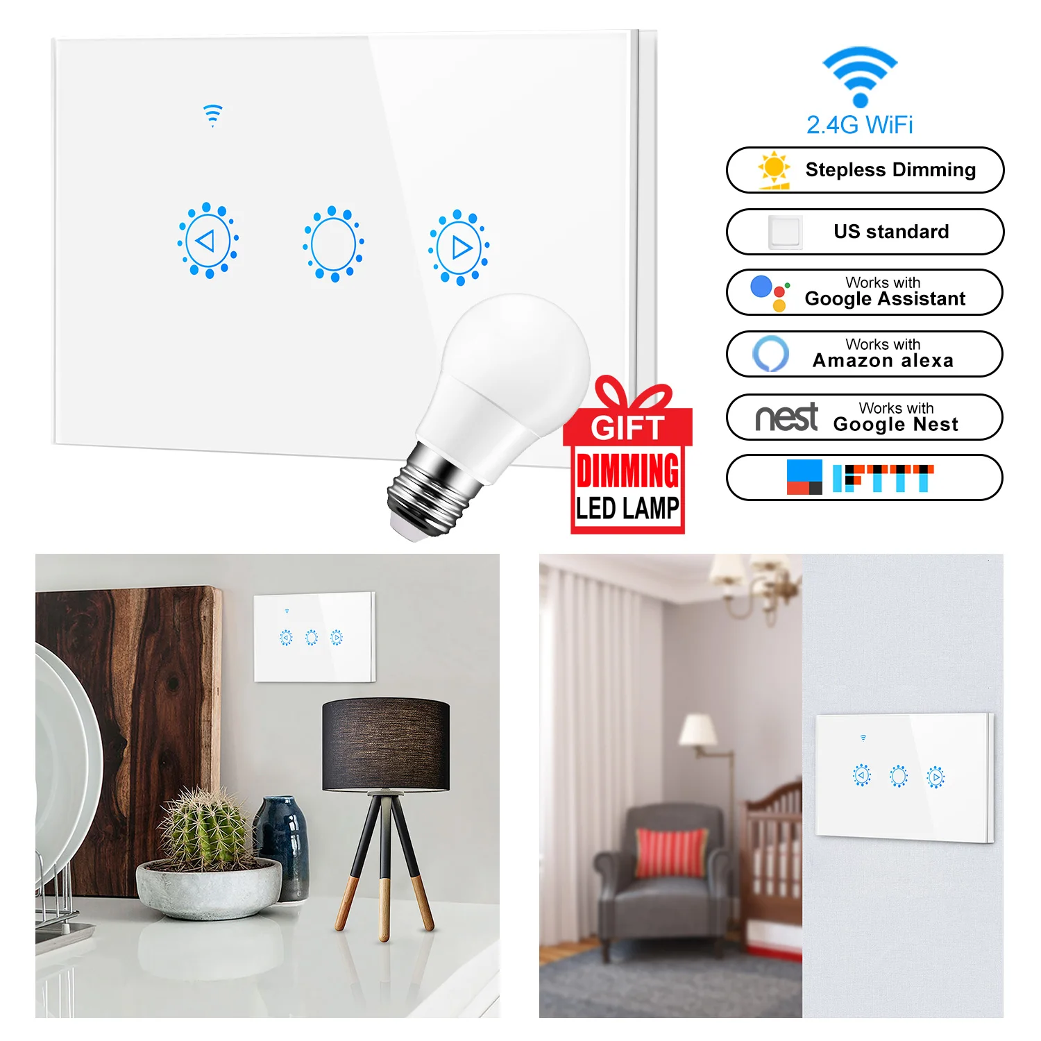 WiFi LED Dimmer Switch 220V 110V Wall Touch Control WiFi Light Dimming ...