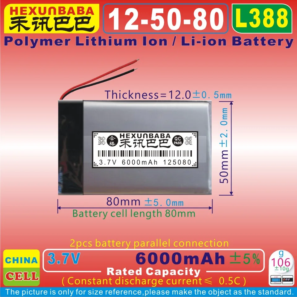 [L388] 3,7 V 6000mAh [125080] batería de polímero de iones de litio/Li ion para tableta pc,GPS ...