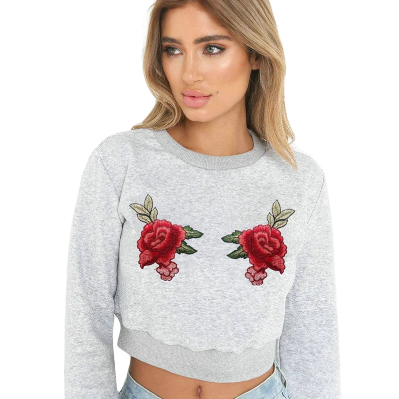 Appliques Rose Cropped Hoodie Women Fahsion Embroidery Crewneck Long