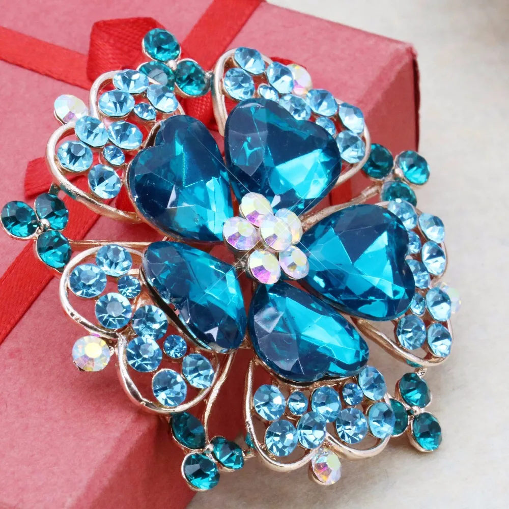 Blue Heart Rhinestone Brooch Wedding Jewelry Design Gold Color Crystal ...