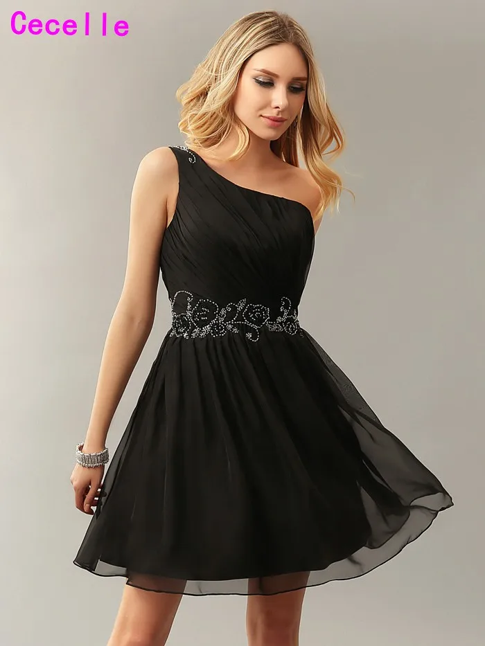 Black A Line Short Chiffon Cocktail Dresses 2016 One Shoulder Beaded