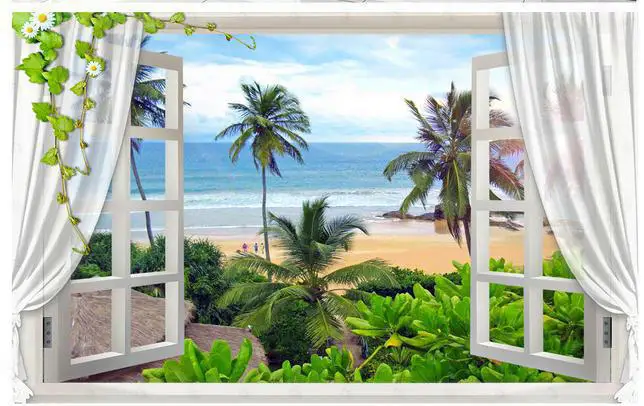 New-large-wallpaper-Custom-wallpaper-Window-curtains-seaside-mural-wall ...