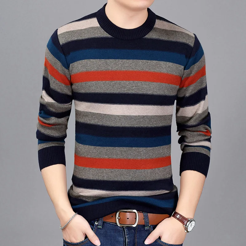 2017 Nuevo otoño moda casual mens suéter o cuello slim fit Knitting Suéteres raya más tamaño ...