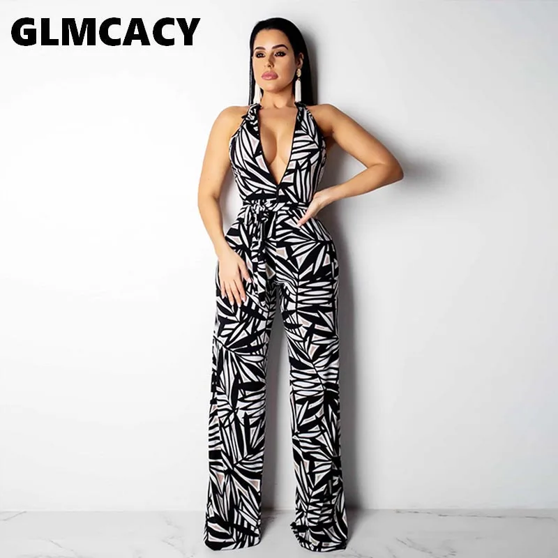 Women Printed Deep V Neck Wrap Belt Wide Leg Jumpsuits Casual Slim Fit