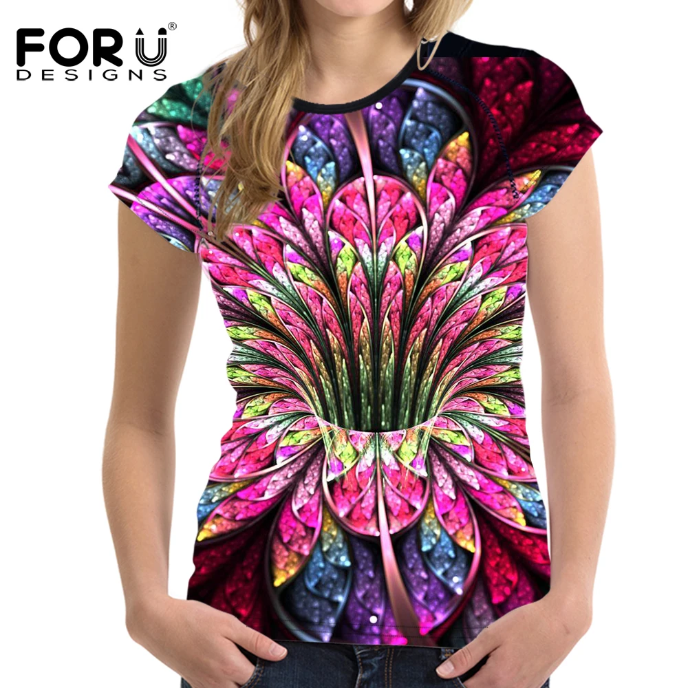 Forudesigns 3d Bright Floral T Shirts Women Summer Female Tops Tees