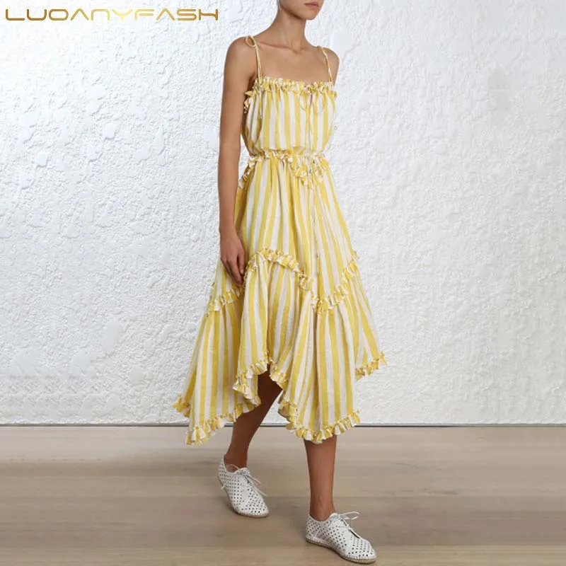 Luoanyfash 2018 Summer Sweet Striped Dress Lace Up Backless Ruffles