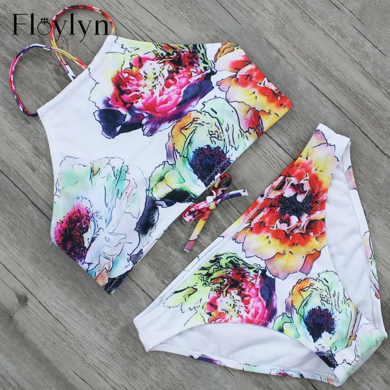 Floylyn Summer Tank Top Women Floral Bikini Set Bandage Bikini