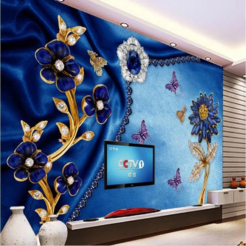 wellyu Custom large fresco noble blue silk diamond flower TV backdrop ...