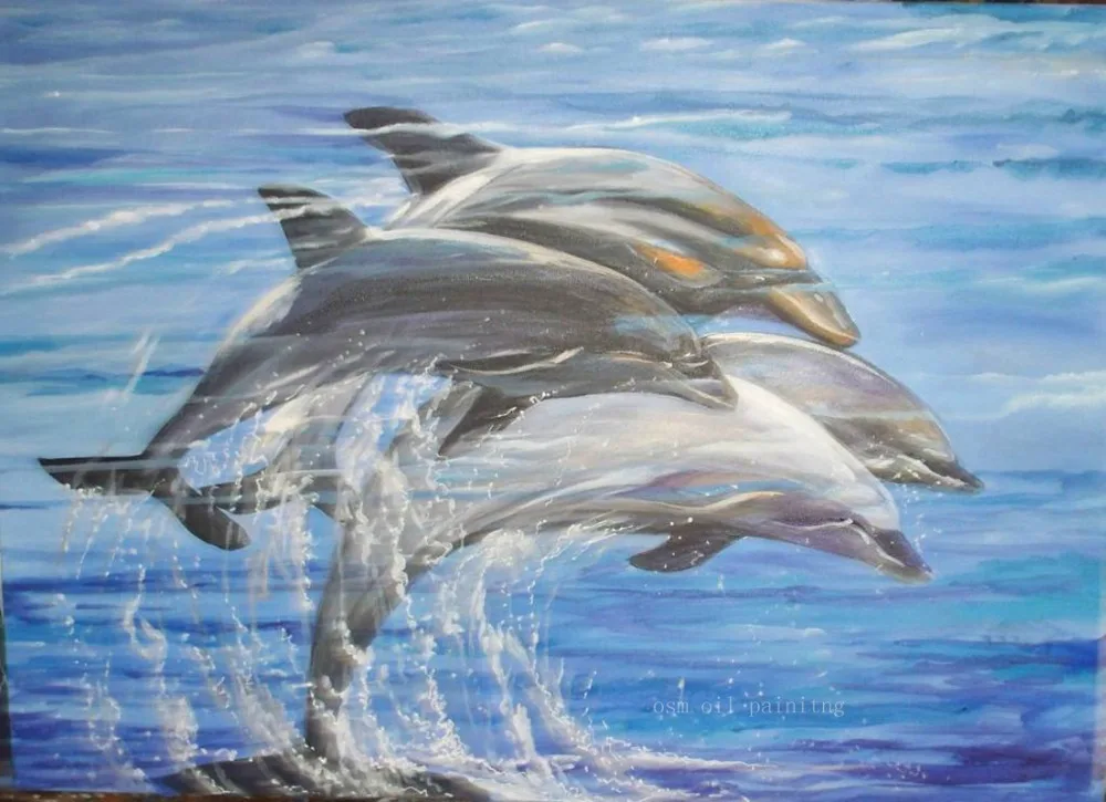 Hand-Painted-Cute-Dolphin-Oil-Painting-on-Canvas-Hand-painting-Wall ...