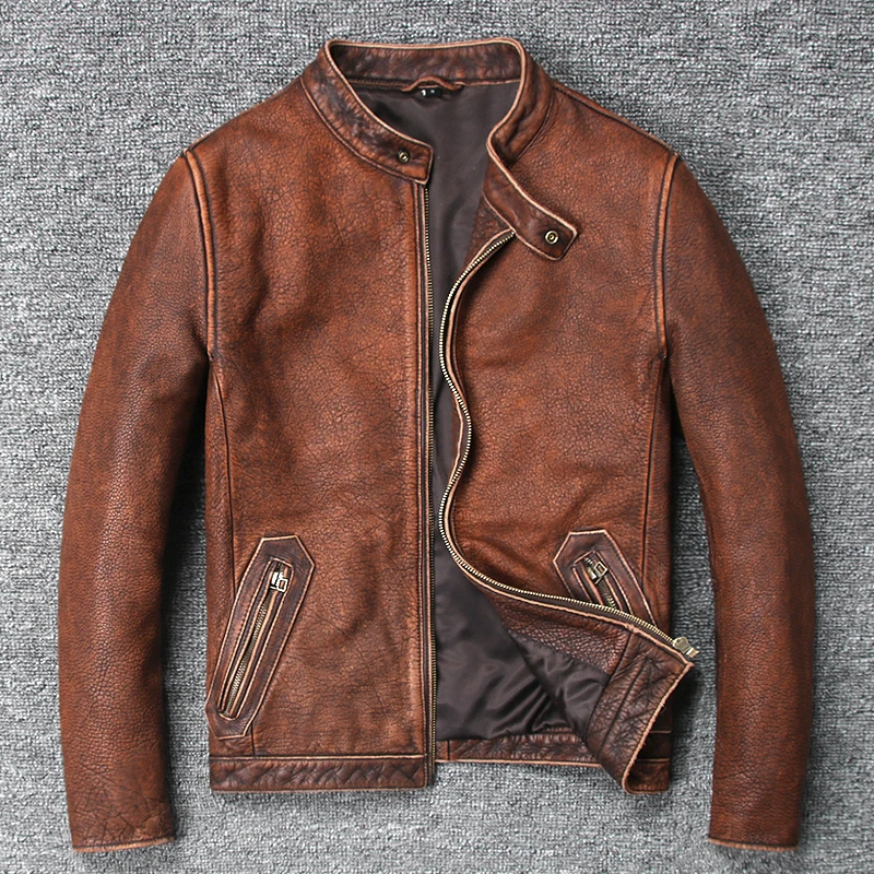 Yolanfairy Geniune Leather Jacket Men Vintage Cow Leather Coats Jaqueta