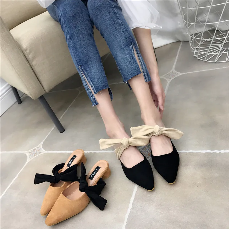 Korean Concise Pointed Toe Mules Shoes Mixed Colors Big Bow knot Slides ...
