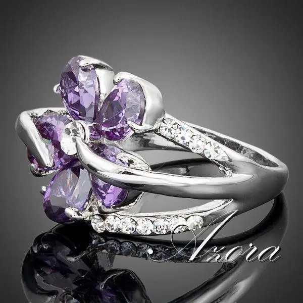 AZORA кольцо из белого золота Stellux с австрийским кристаллом фиолетовым цветком и кубическим ...