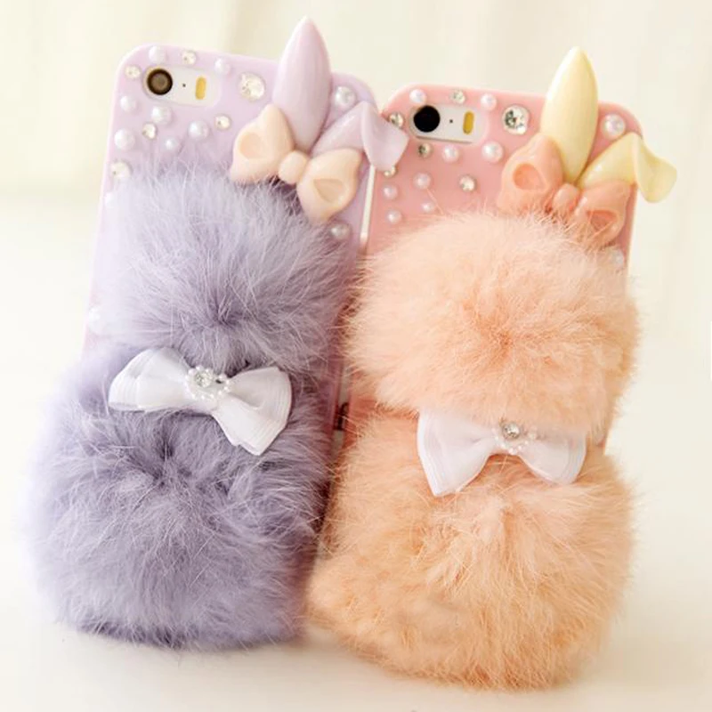 Fashion Winter warm Plush rabbit balls fur mobile phone case for iphone ...